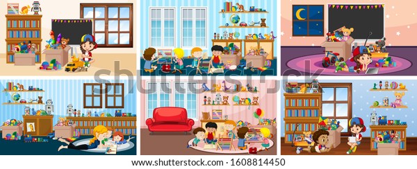 Six Scenes Children Playing Room Illustration Stock Vector (Royalty ...