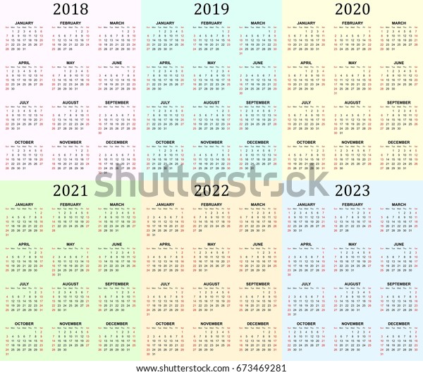 Six year calendar - 2018, 2019, 2020, 2021, 2022 and 2023.