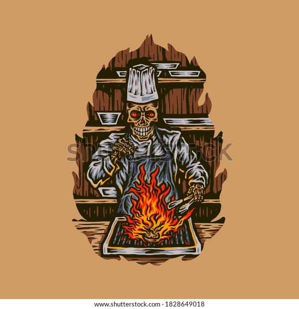 Skeleton Chef Grilling Meat Hand Drawn Stock Vector (Royalty Free ...