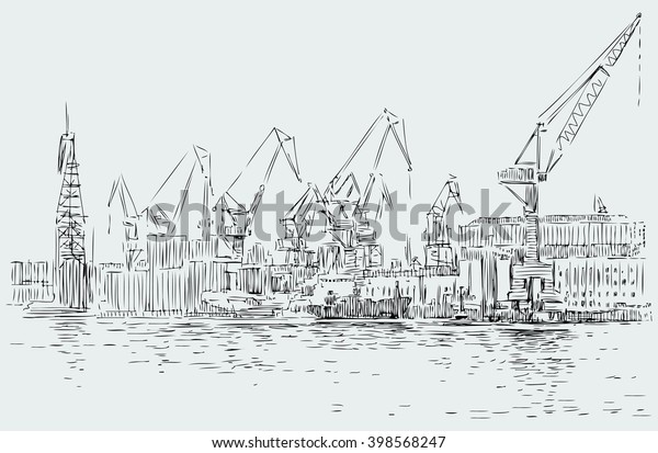 Sketch Big Seaport Stock Vector (Royalty Free) 398568247