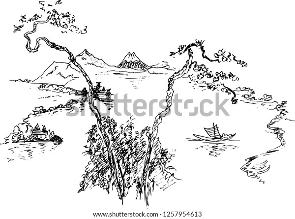 Sketch Chinese Landscape Vector Illustration Stock Vector (Royalty Free ...