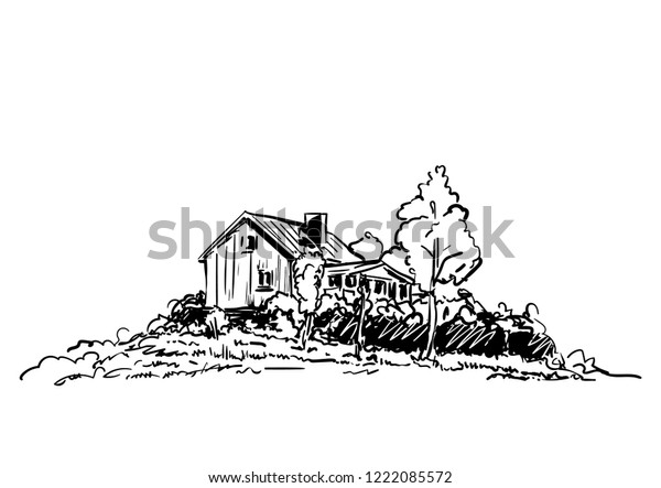 Sketch Countryside House Surrounded By Trees Stock Vector (Royalty Free ...