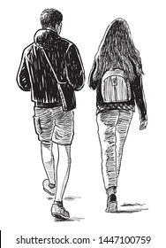 Sketch Couple Students Going Down Street Stock Vector (Royalty Free ...