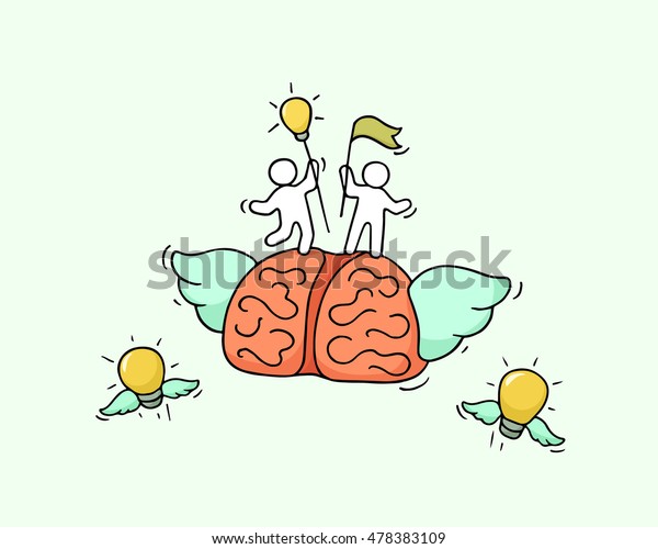 Sketch Flying Brain Little Workers Doodle Stock Vector (Royalty Free ...