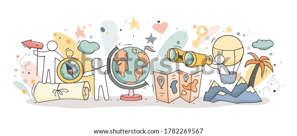 Sketch of geography class with studing little people. Doodle cute ...