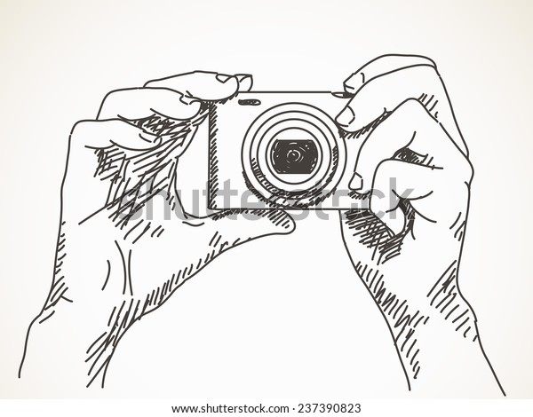 Sketch Hands Compact Photo Camera Hand Stock Vector (Royalty Free ...