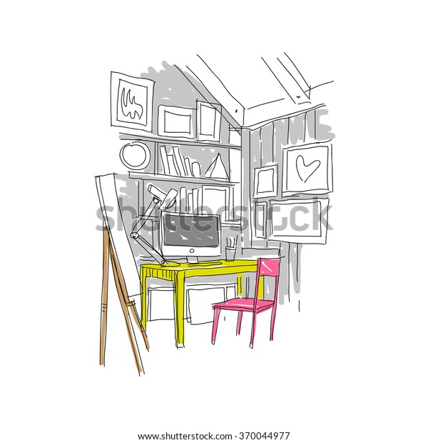 Sketch Interior Comfortable Workplace Hand Drawn Stock Vector (Royalty ...