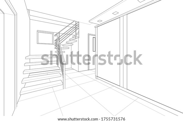 Sketch Interior Hall Stair 3d Illustration Stock Vector (Royalty Free ...