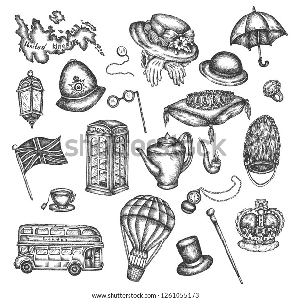 Sketch of London symbols Objects symbolizing England Vector hand drawn ...