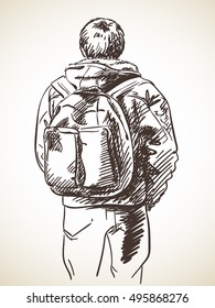 Sketch Man Standing Backpack Hand Drawn Stock Vector (Royalty Free ...