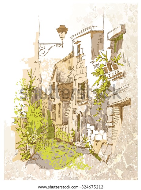 Sketch of old street. Vector illustration made in vintage style.