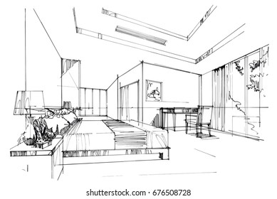 Sketch Perspective Interior Drawing Pen Pencil: เวกเตอร์สต็อก (ปลอดค่า ...
