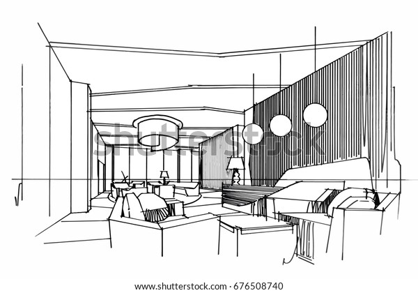 sketch perspective interior. Drawing pen with pencil black and white ...