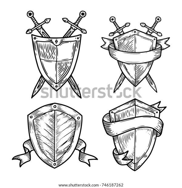 Sketch Set Isolated Medieval Shields Ribbons Stock Vector (Royalty Free ...