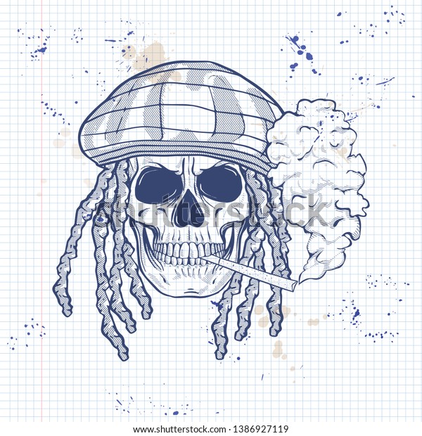 Sketch Skull Dreadlocks Rastaman Hat Cigarette: vector de stock (libre ...