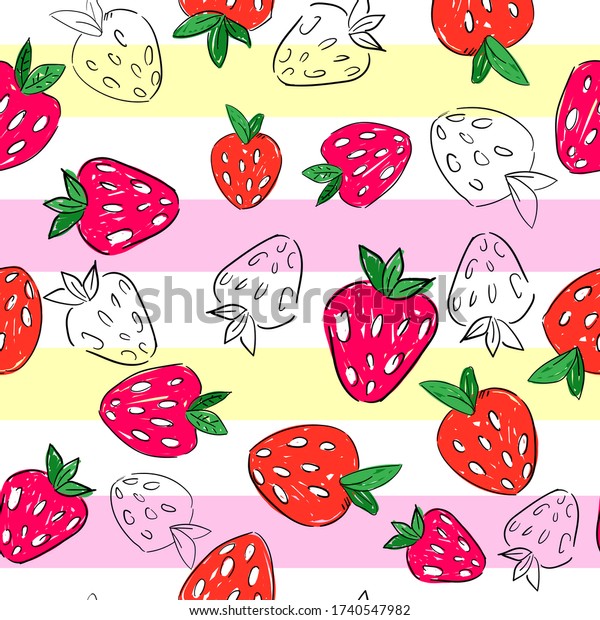 Sketch Strawberries On Striped Background Print Stock Vector (Royalty ...