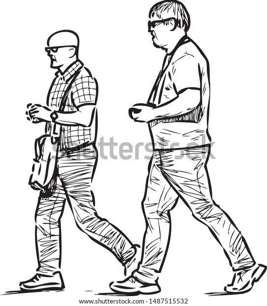 Sketch Tourists Men Striding Down Street Stock Vector (Royalty Free ...