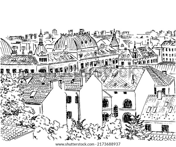 Sketch Urban Tile Roofs Old City Stock Vector (Royalty Free) 2173688937 ...