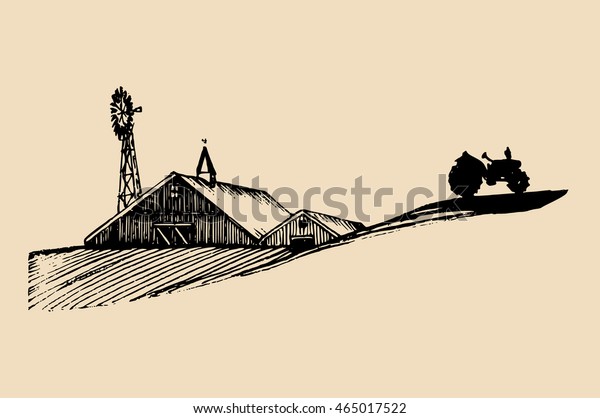 Sketch Village Barn Tractor Windmill Vector 库存矢量图（免版税）465017522 ...