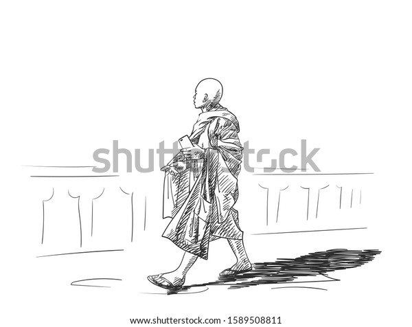 Sketch Walking Buddhist Monk Smart Phone Stock Vector (Royalty Free ...