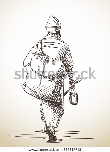 Sketch Walking Pilgrim Hand Drawn Illustration Stock Vector (Royalty ...