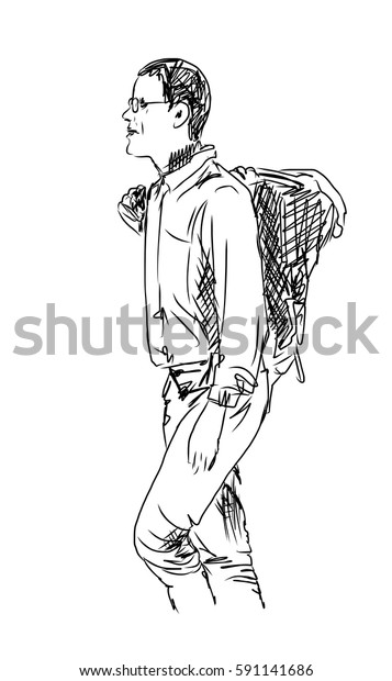 Sketch Walking Young Man Backpack Hand Stock Vector (Royalty Free ...