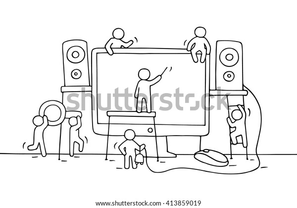 Sketch Working Little People Computer Doodle Stock Vector (Royalty Free ...