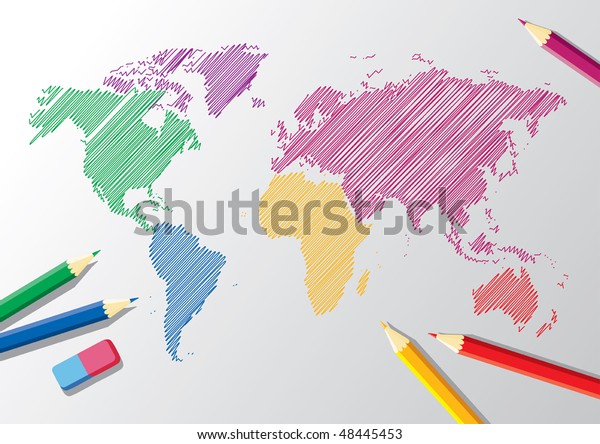 Sketch World Map Pencils Eraser Stock Vector (Royalty Free) 48445453