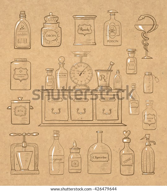 Sketches Pharmacy Objects On Vintage Background Stock Vector (Royalty ...