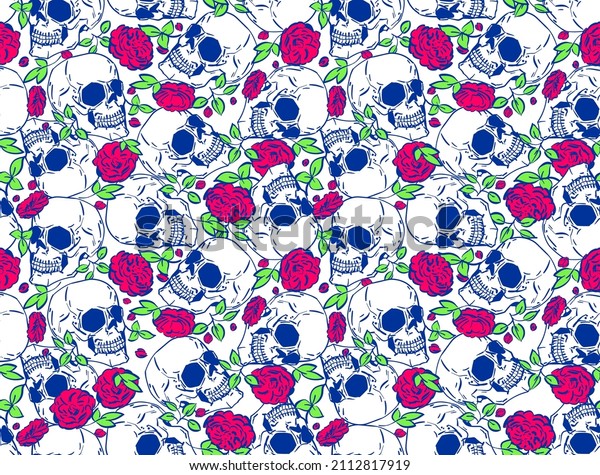 Skull Flower Pattern Seamless Hand Drawing Stock Vector (Royalty Free ...