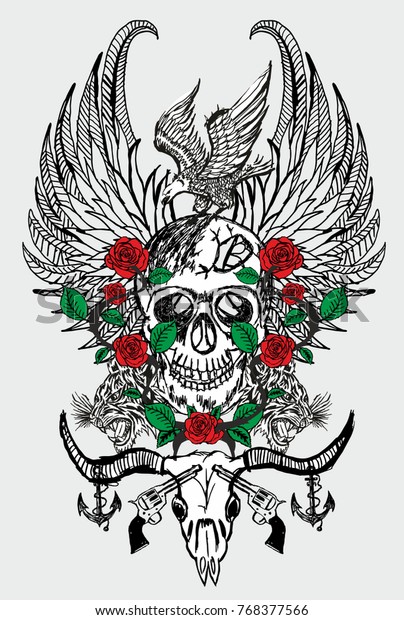 Vektor Stok Skull Gun Rose Graphic Design Vector (Tanpa Royalti ...