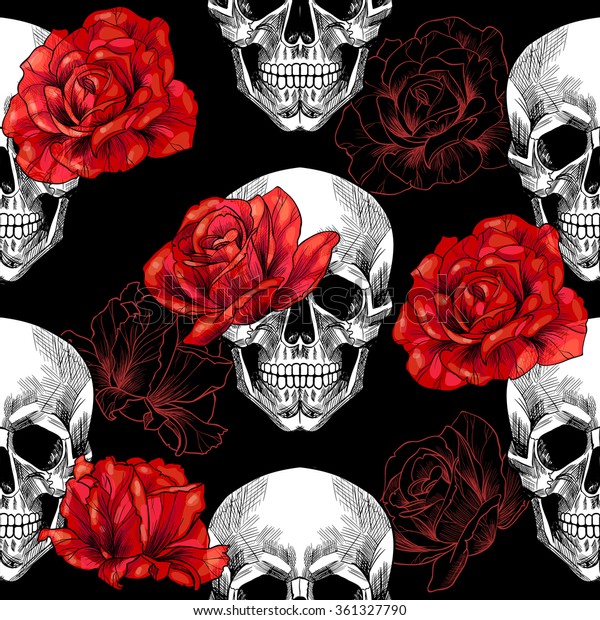 Skull Red Roses On Black Background Stock Vector (Royalty Free) 361327790