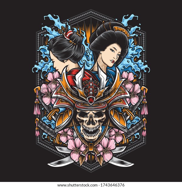 Skull Samurai Geisha Vector Illustration: เวกเตอร์สต็อก (ปลอดค่า ...