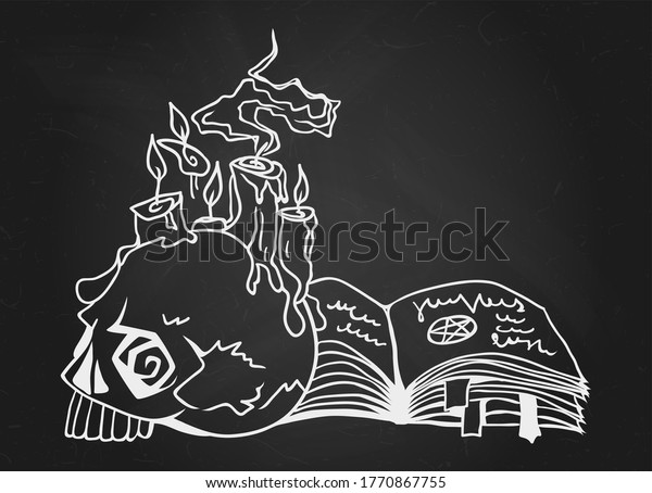 Skull Spell Book Glowing Candles Hand Stock Vector (Royalty Free ...