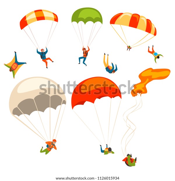 Skydivers Flying Parachutes Set Extreme Parachuting Stock Vector ...