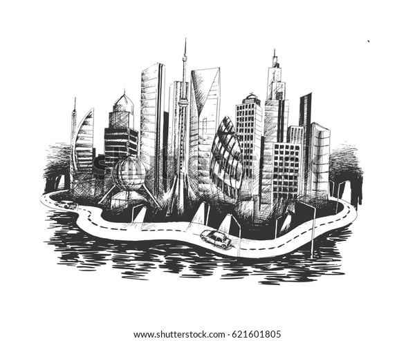 Skyline City Hand Drawn Sketch Vector Stock Vector (Royalty Free ...