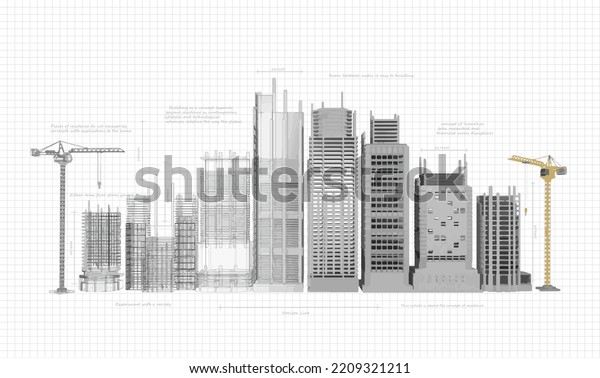 Skyscrapers Building Process On Blueprints Drawing Stock Vector ...