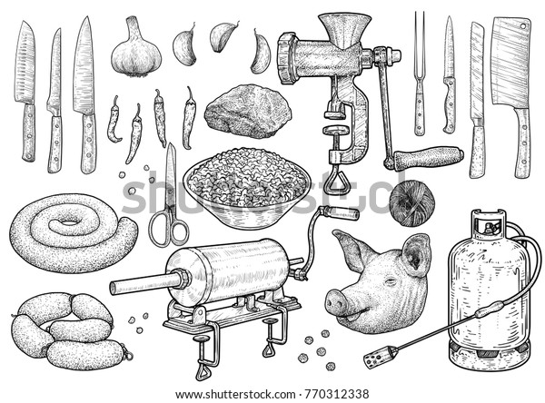 Slaughter Ceremony Tools Illustration Drawing Engraving Stock Vector ...