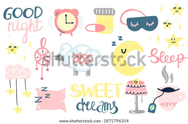 Sleep Insomnia Doodle Set Cute Emblems Stock Vector (Royalty Free ...