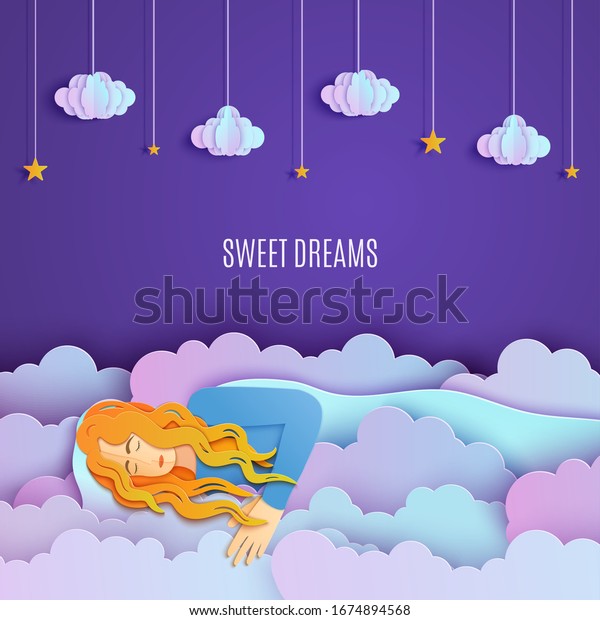 Sleeping Girl Clouds Paper Cut Style Stock Vector Royalty Free