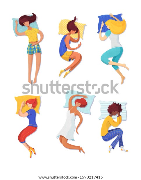 Sleeping women vector illustrations set. Female sleepers on pillows ...