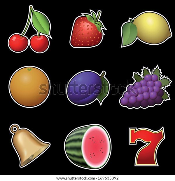 Slot Machine Fruit Symbols On Black Stock Vector (Royalty Free ...