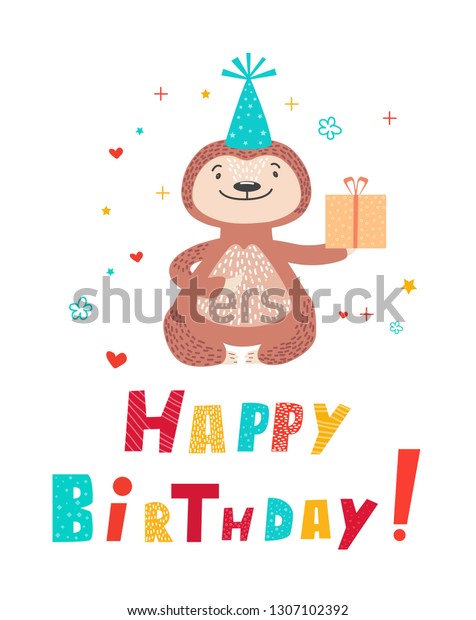 Sloth Wishes Happy Birthday Vector Stock Vector (Royalty Free) 1307102392
