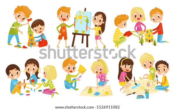 Small Kids Doing Different Things Together Vector Illustration