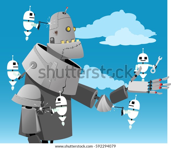 Small Robots Repairing Giant Old Robot Stock Vector (Royalty Free ...