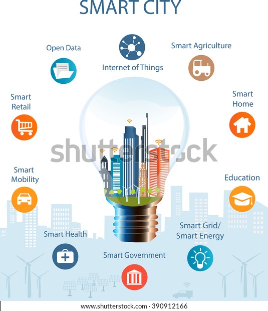 Smart city concept with different icon and elements. Modern city design ...