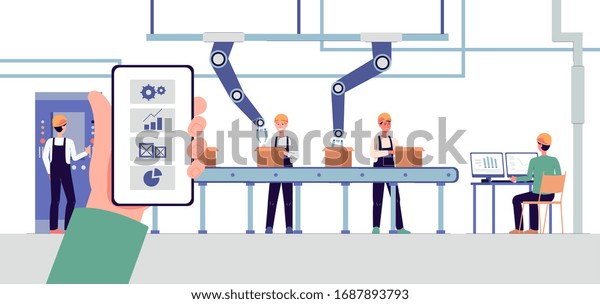 Smart Factory Interior Robot Arms Conveyor Stock Vector (Royalty Free ...