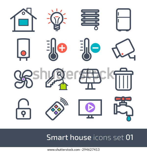 Smart house technology system icons with control of lighting, heating ...