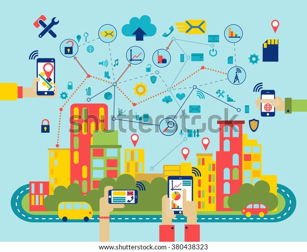 Smart Media City Landscape Flat Illustration Stock Vector (Royalty Free ...