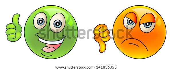 Smiley face. Like and unlike. Thumbs up and down. Vector illustration.